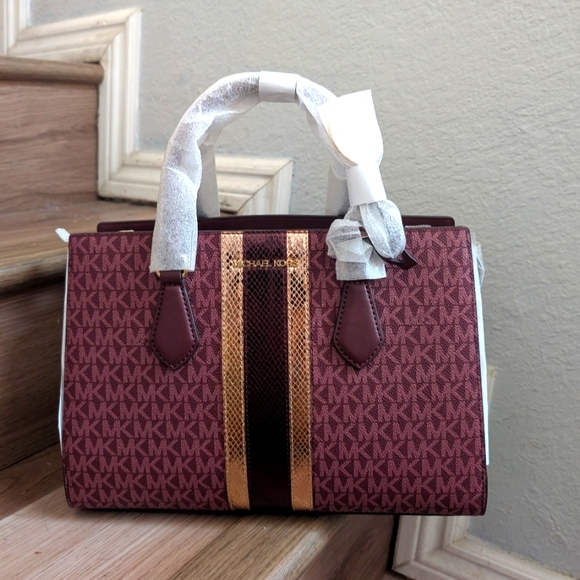 Michael Kors | Bags | Nwt Michael Kors Sheila Medium Signature Logo And Metallic Satchel Oxblood ...